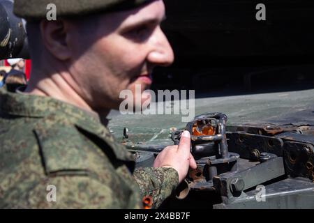 Visitors of a newly opened exhibition of trophy military equipment ...