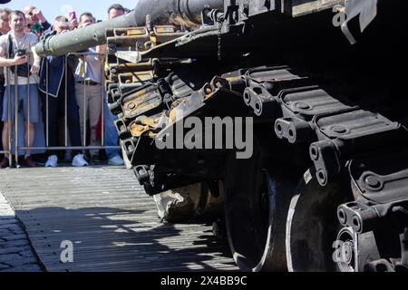A destroyed US-made M1A1 Abrams tank is seen at a newly opened ...