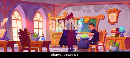 Magic wizard school interior with kid girl witch in hat and with broom ...