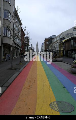 Skolavoerdustigur Street in the centre of Reykjavik with rainbow ...