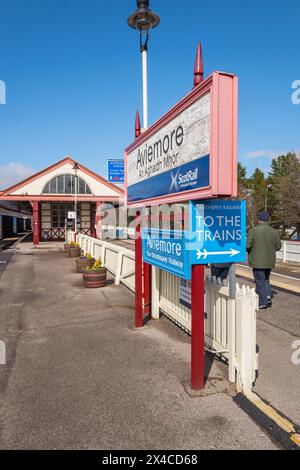 Station platform sign for the victorian design Aviemore railway station ...