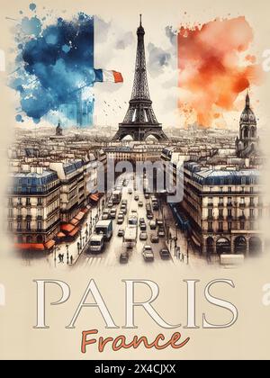 Artistic illustration of sights in Paris city in France merged with ...