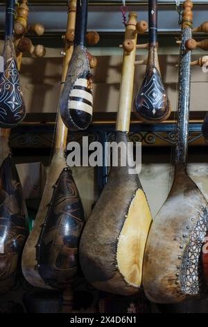 Fes, Morocco. Traditional musical instruments for sale at a music shop ...