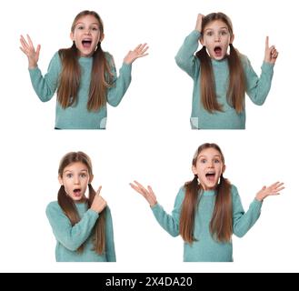 Collage with photos of surprised girl on different color backgrounds ...