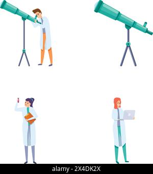 Scientific observation icons set cartoon vector. Scientist making ...