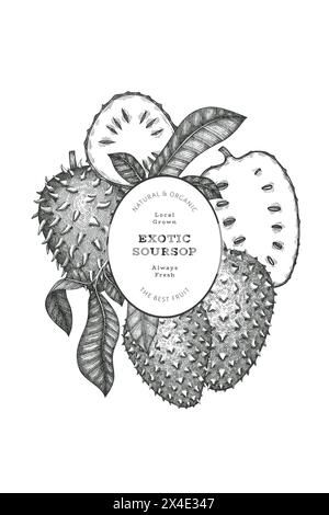 Hand drawn sketch style soursop fruit seamless pattern. Organic fresh ...