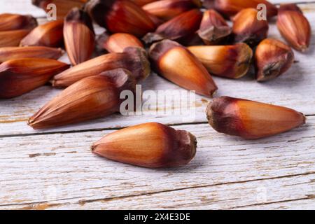 Pinions or pine tree seeds over wooden table, dark mood Stock Photo - Alamy
