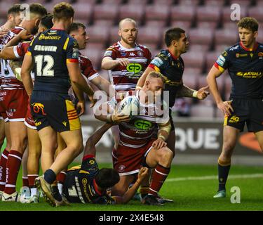 Luke Thompson of Wigan Warriors celebrates his try during the Betfred ...