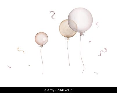 Watercolor Air Balloons and exploding confetti and gifts on isolated ...