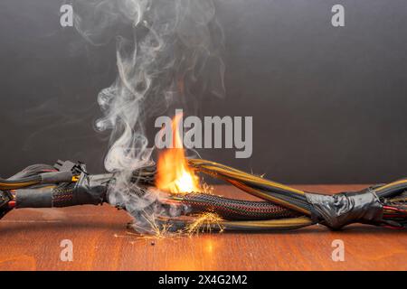 Electrical wiring and wires are lit on a dark background. A short ...