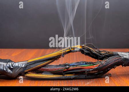 Burnt and melted wires smoke on a dark background. A short circuit in ...
