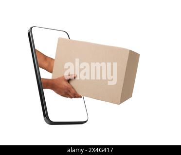 Courier passing parcel through smartphone on dark beige background ...