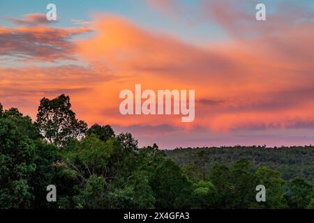 Sunset sky over the tne tree tops looking towards the valley from the ...