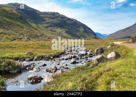 Looking down a highland stream towards the Beinn Dearg group of hills ...
