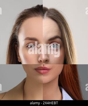 Combined human portrait on grey background. Collage with parts of ...