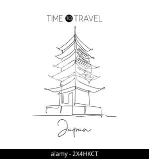 Single continuous line drawing Chureito Pagoda landmark. Beautiful famous place in Fujiyoshida ...