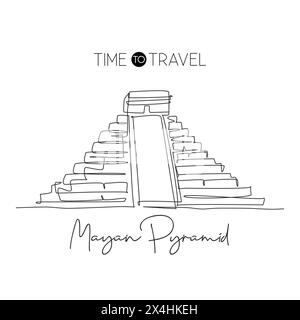 One continuous line drawing Chichen Itza Mayan Pyramid landmark. World ...