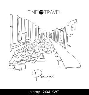 One continuous line drawing Pompeii classical Roman city landmark ...