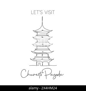 Single continuous line drawing Chureito Pagoda landmark. Beautiful famous place in Fujiyoshida ...
