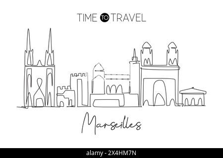 Single continuous line drawing of Marseilles city skyline, France ...