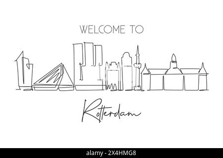 Single continuous line drawing of Rotterdam city skyline, Netherlands ...