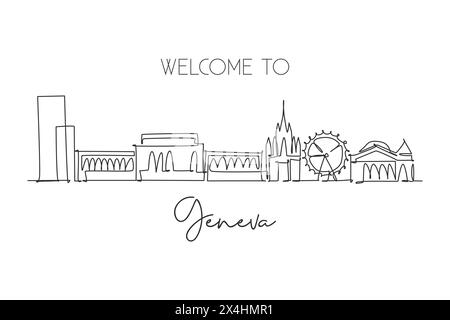 Single continuous line drawing of Geneva city skyline, Switzerland ...
