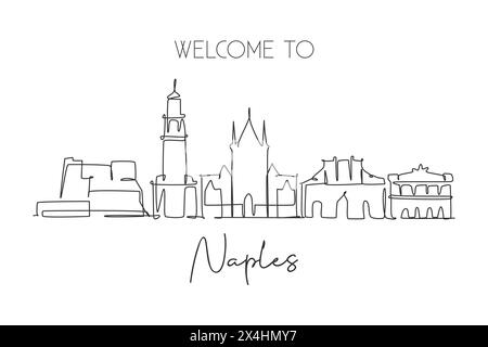One single line drawing of Naples city skyline, Italy. Historical ...