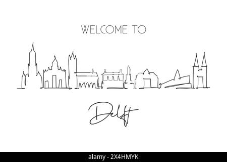 Single continuous line drawing of Delft city skyline, Netherlands ...