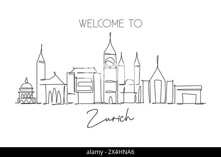 Single continuous line drawing of Zurich city skyline, Switzerland ...