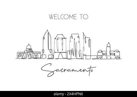 One single line drawing of Sacramento city skyline, California ...