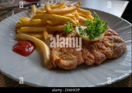 Wiener Schnitzel with french fries, Franconia, Bavaria, Germany Stock ...