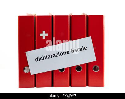 Concept for Swiss tax return. Office folders with Swiss flag symbol and ...