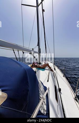 Mediterranean sea, Sicily Channel, woman on a sailing boat Stock Photo ...
