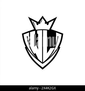 WL Bold letter logo with sharp triangle shield shape with crown inside white outline on black ...