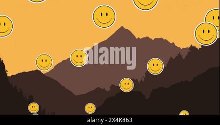 Image of emoji icons floating over landscape with mountains on blue ...