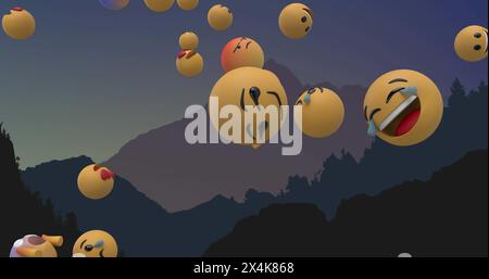 Image of emoji icons floating over landscape with mountains on orange ...
