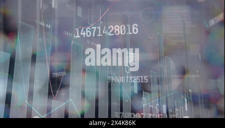 Image of multiple changing numbers and statistical data processing against digital wave Stock ...