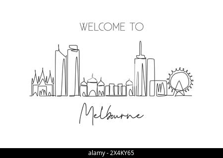Single continuous line drawing of Melbourne city skyline, Australia ...