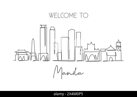 One single line drawing of Manila city skyline, Philippines. Historical ...