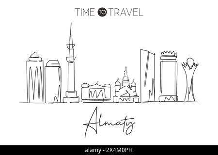 Single continuous line drawing of Almaty skyline, Kazakhstan. Famous ...