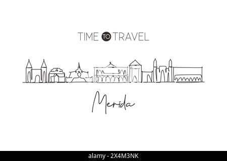One continuous line drawing Merida city skyline, Mexico. Beautiful ...
