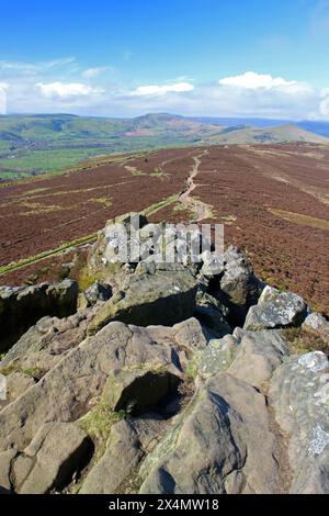 Walkers on the summit of Win Hill, overlooking Ladybower Reservoir in ...