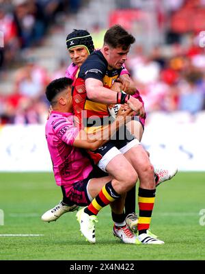 Gloucester Rugby's Seb Atkinson is tackled during the EPCR Challenge ...