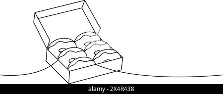 Glazed donuts in box one line continuous drawing. Bakery sweet pastry ...