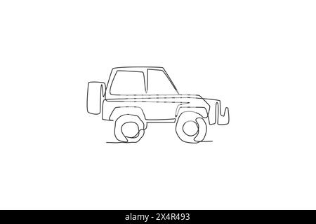 Single line drawing of 4x4 speed trail hill jeep car. Offroad adventure ...