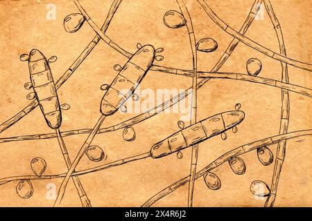 Illustration of Trichophyton rubrum fungi, showing macroconidium ...