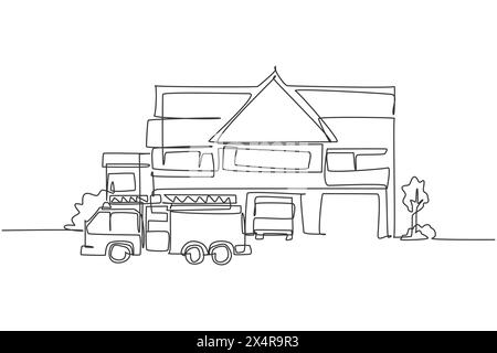 Single continuous line drawing of firetruck emergency rescuer for ...