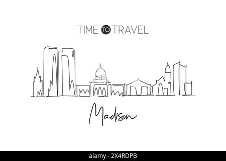 Single continuous line drawing of Madison city skyline, Wisconsin ...