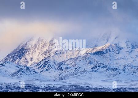 Panorama of the Alaska Range mountains at sunrise, near Fairbanks ...