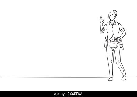 Continuous one line drawing handywoman stands with thumbs-up gesture ...